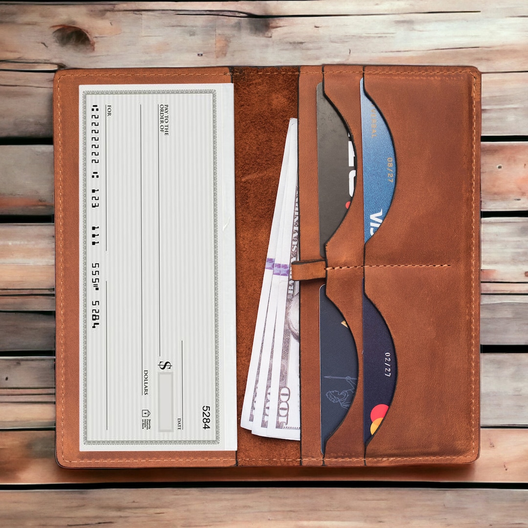 Personalized Leather Checkbook Cover, Custom Check Holder, Slim Wallet ...
