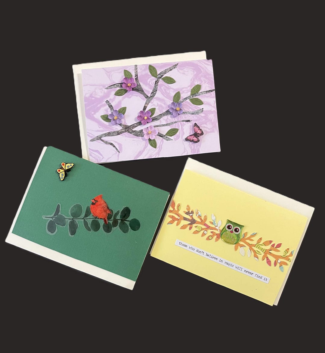 3 Nature Theme Note Cards With Owls & Birds - Etsy