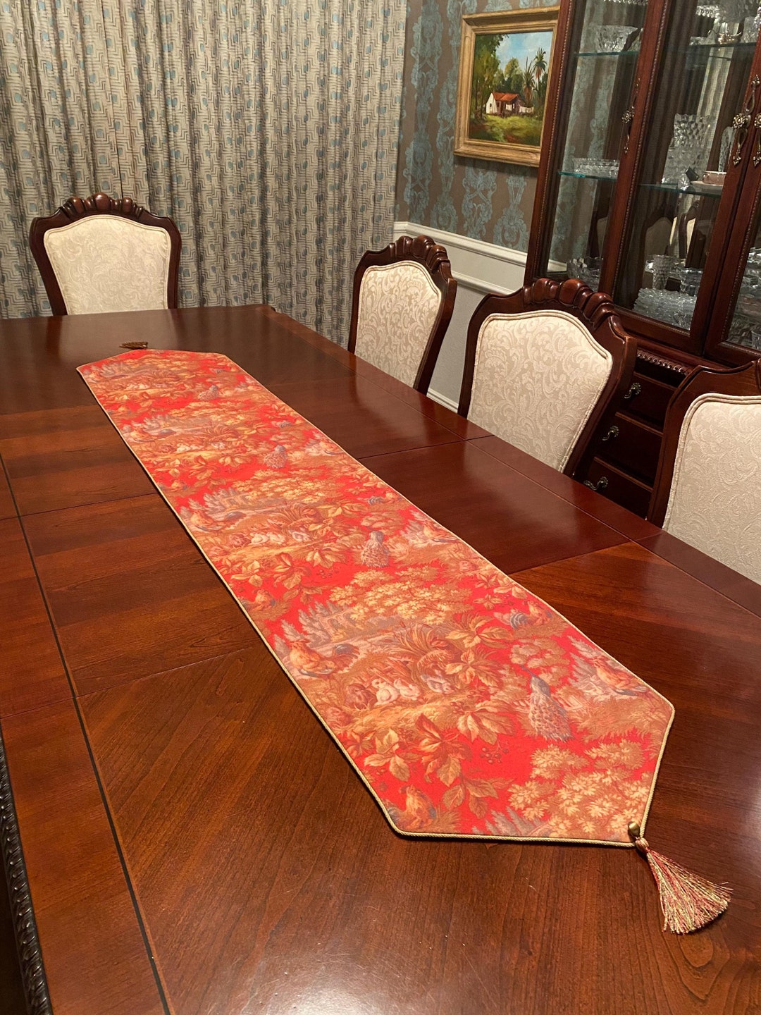 The Red Rooster, Chickens, and Peacock Toile Table Runner - 80.5 Inches ...