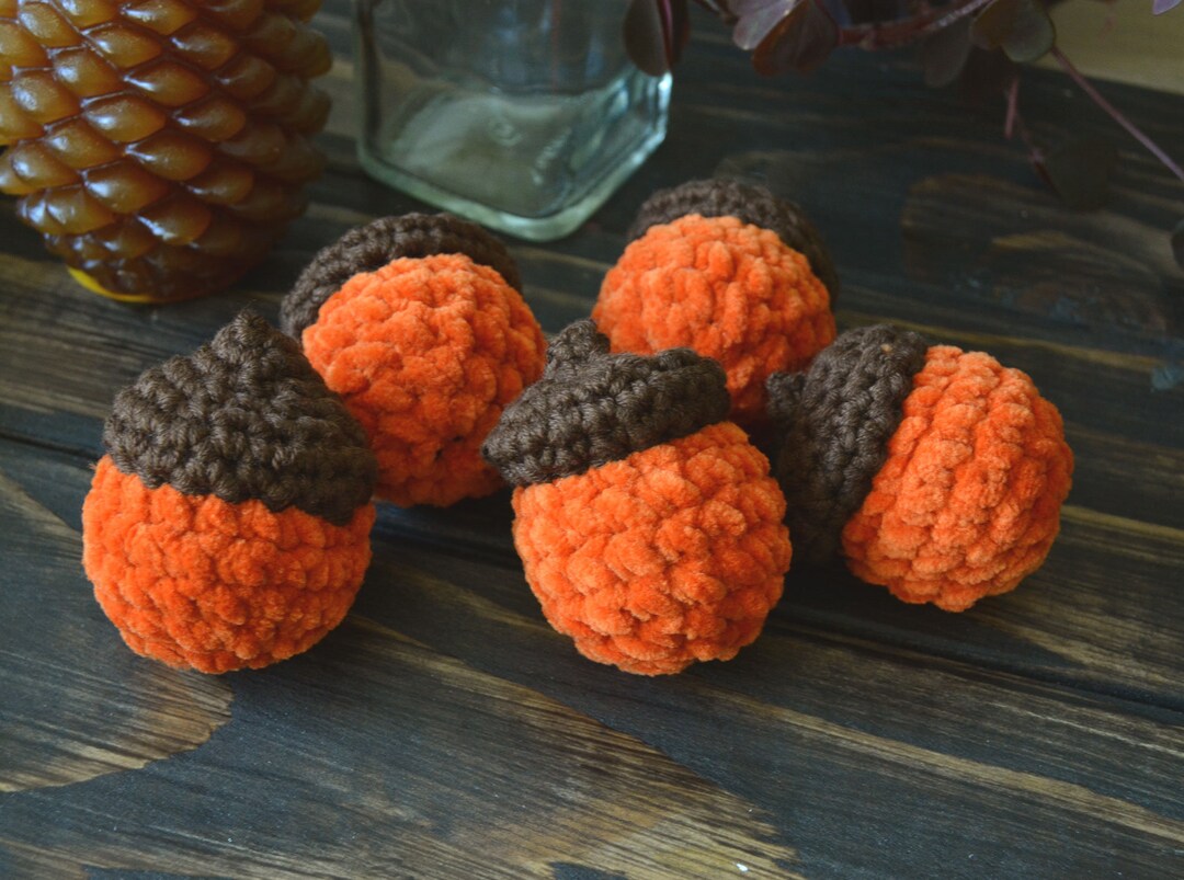 Woodland Crochet Acorns Set of 5, Fuzzy Bright Orange Acorns, Fall Bowl ...