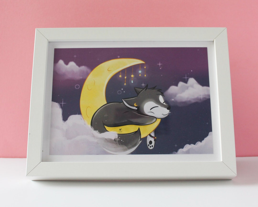 Framed Cute Sleeping Wolf Print - A5 Wolf on the Moon Print- Cartoon ...