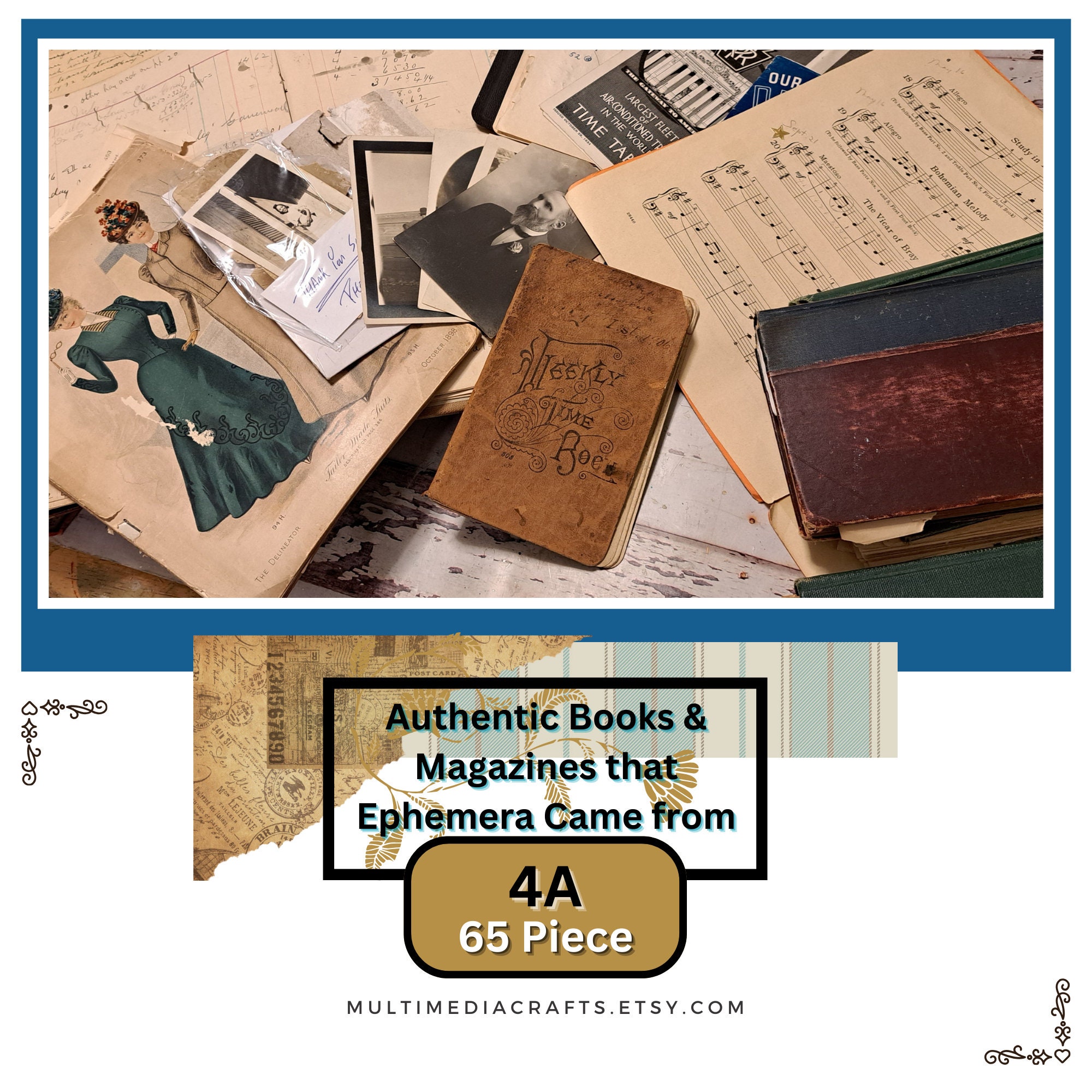 65 Piece Vintage Ephemera Pack 4A. Book Pages, Music Sheets, Vintage ...