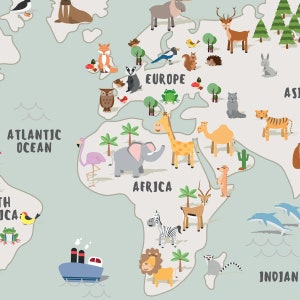 Children's Animal Map Print for Nursery Kids Room Wall Art A3 & A1 ...