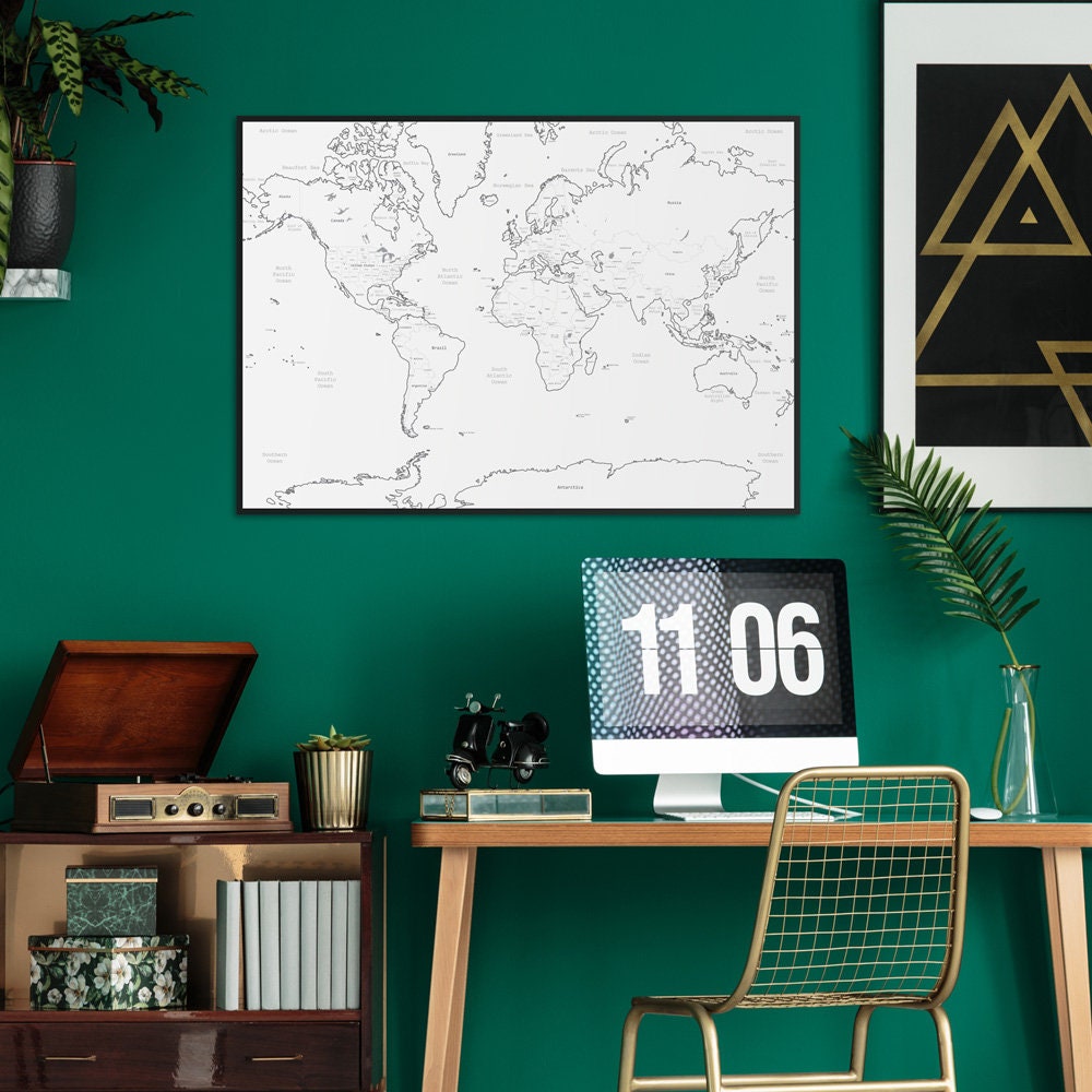 Outlined Blank Map of the World Travel Print Wall Art for Home | Etsy