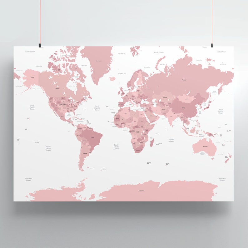 Pink & White Minimalist Travelling Map of the World Print Wall | Etsy UK
