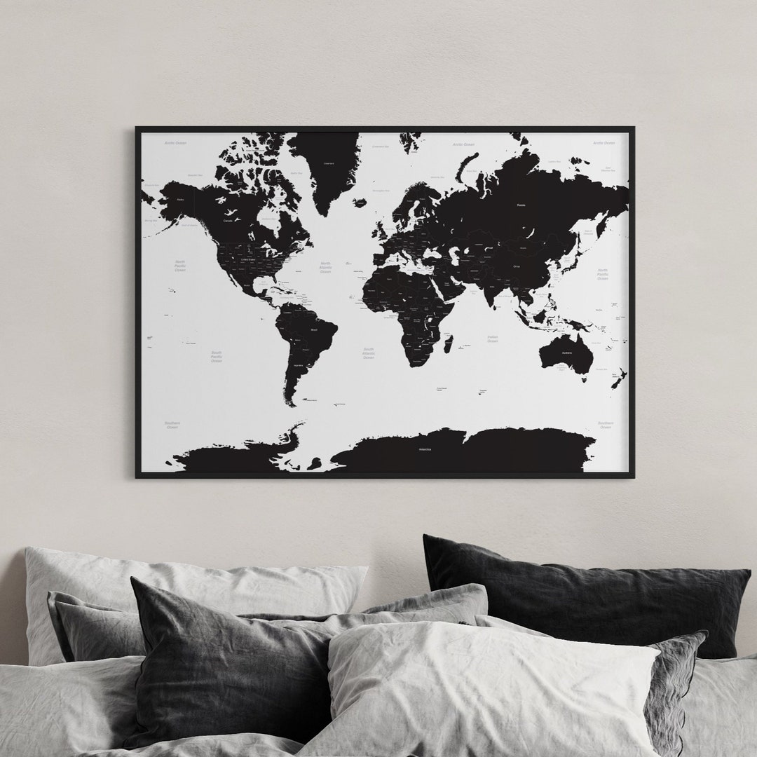 White & Black Map of the World Wall Art A1 Poster Print Large - Etsy