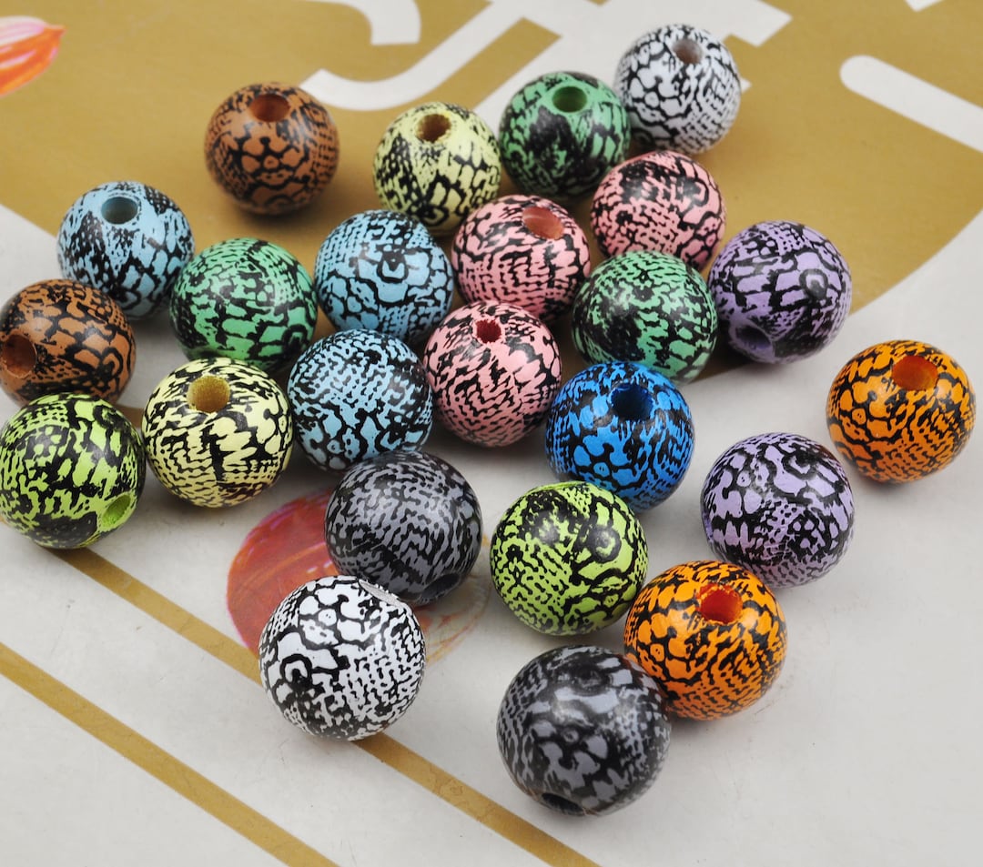 Snake Skin Print Wood Beads，16mm Mixed Color Snake Skin Round Wooden ...