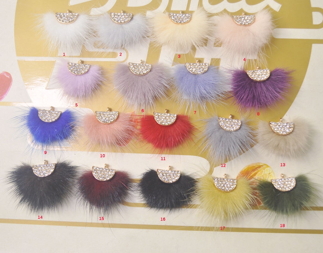 6PCS - Mixed Color Fur Fan Shape With Rhinestone, Faux Mink Pom Pom ...