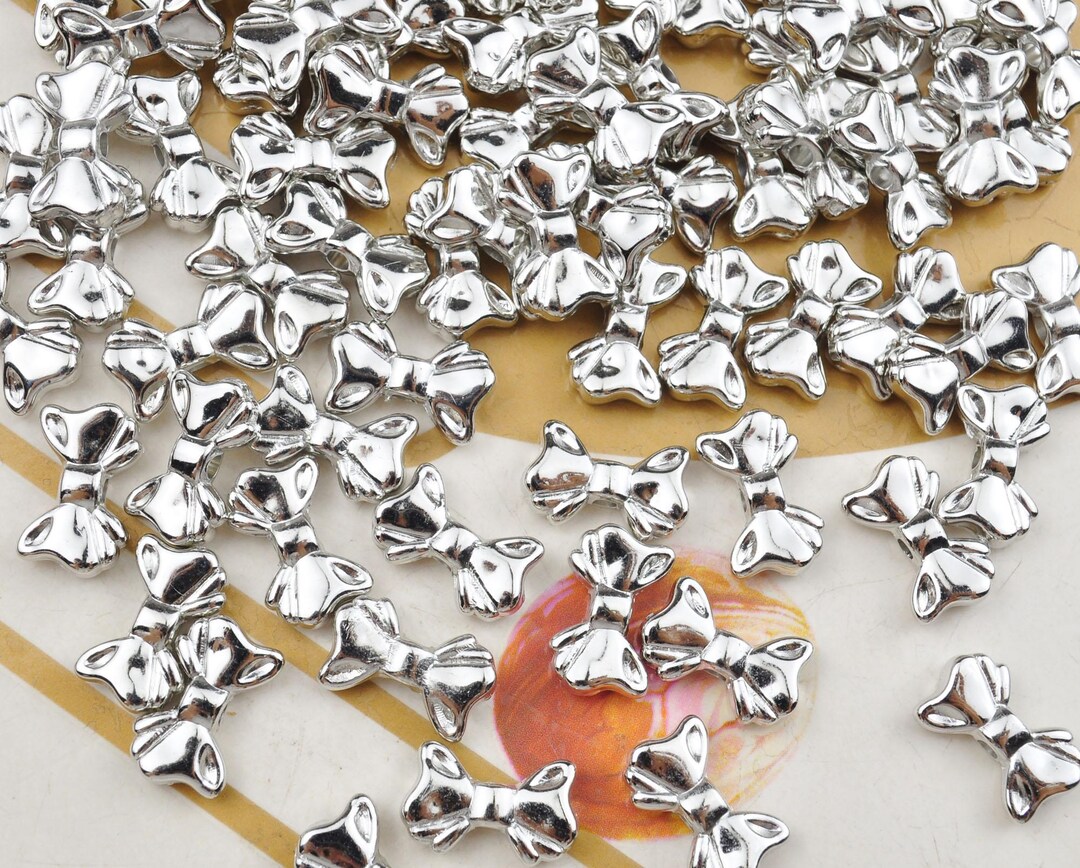 100pcs/200pcs Small Silver Bows,bow Beads,acrylic Ribbon Bow Beads ...