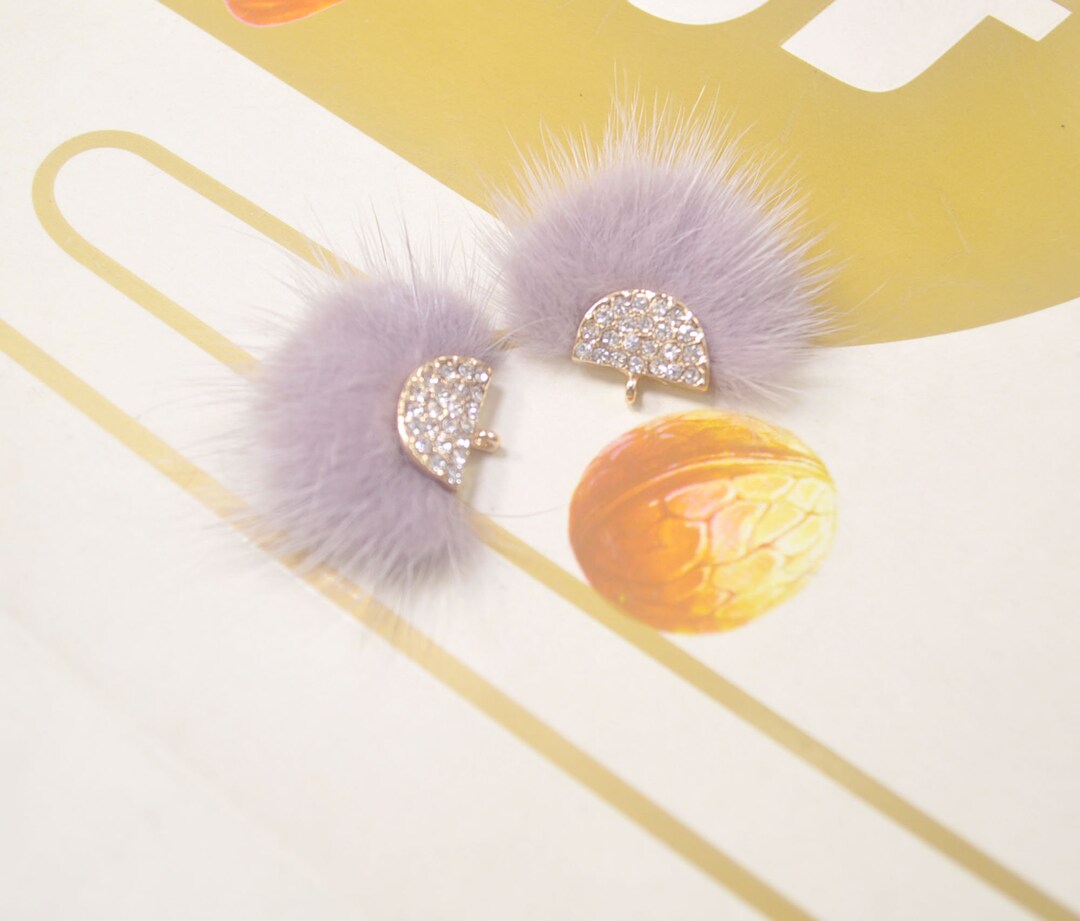 4PCS - Lavender Fur Fan Shape With Rhinestone, Faux Mink Pom Pom Tassel ...