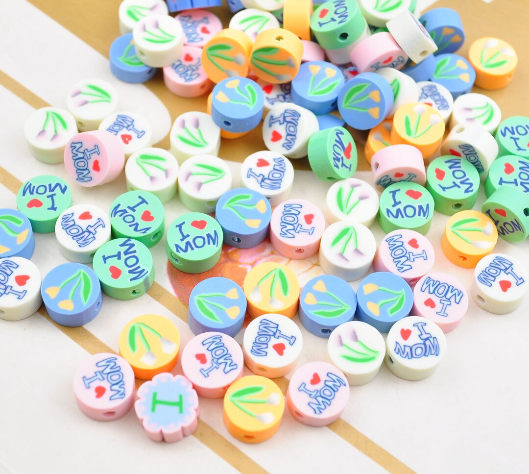 50 Pieces/10mm I Love Mom Polymer Clay Round Beads,loose Polymer Clay ...