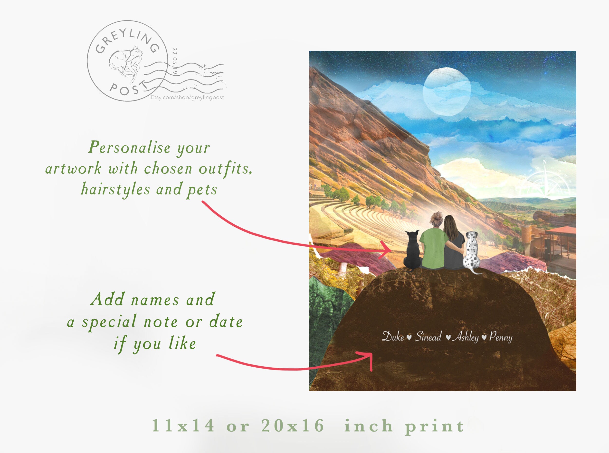 Personalised RED ROCKS Print, Wedding Gift, Family Custom Print ...