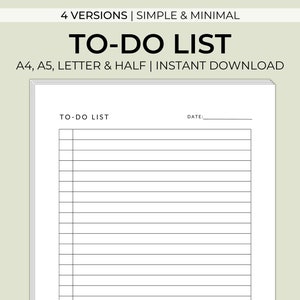 To Do List Printable Simple to Do List, 4 Versions Included, A4/a5 ...