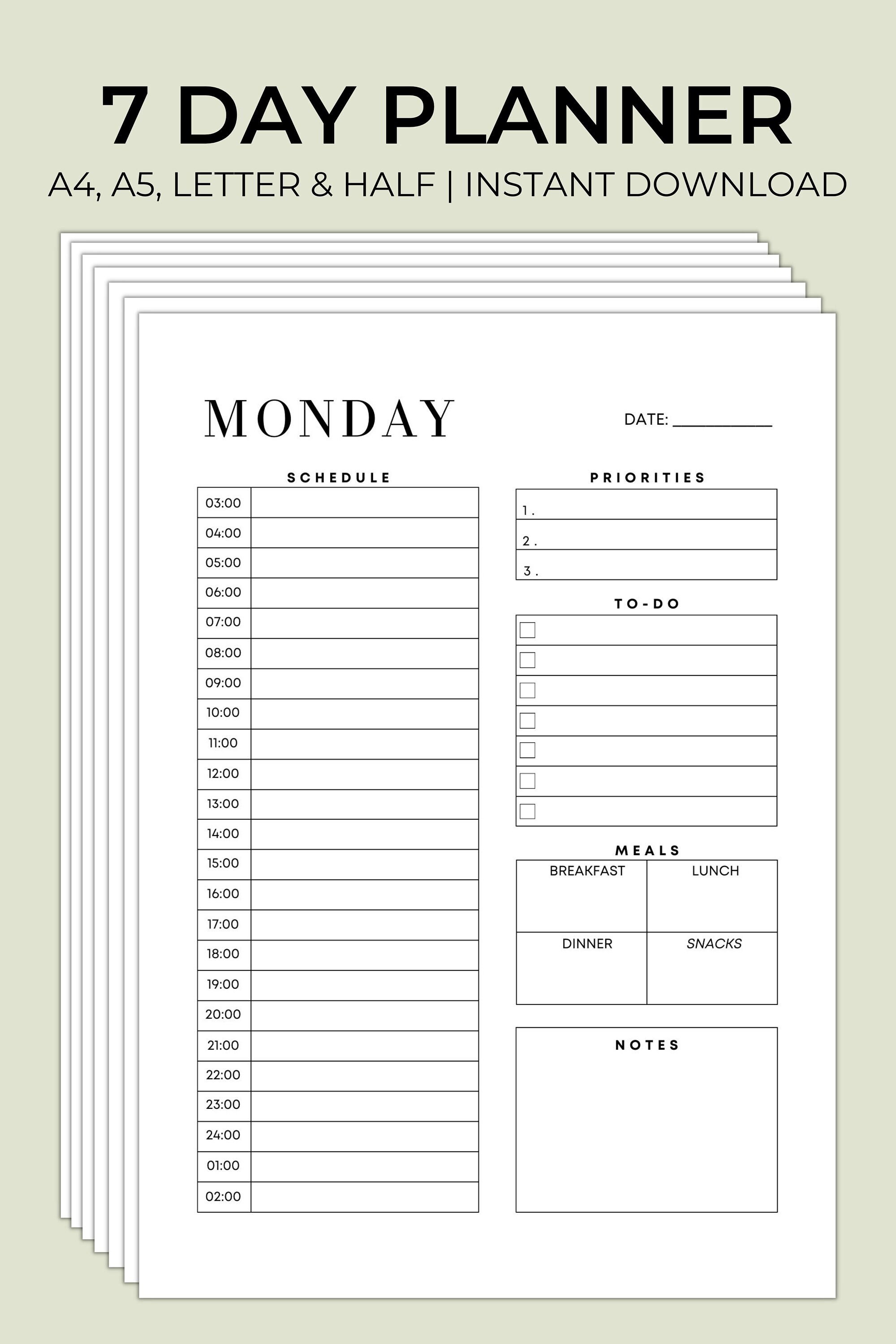Daily Planner Printable Weekly Planner Printable A4/a5/letter/half Size ...
