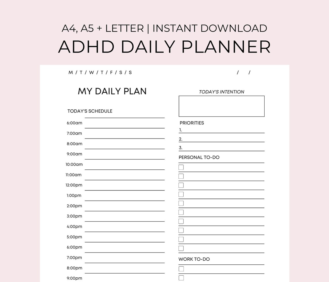 ADHD Daily Planner Printable to Do List, Minimal Planner, Military Time ...