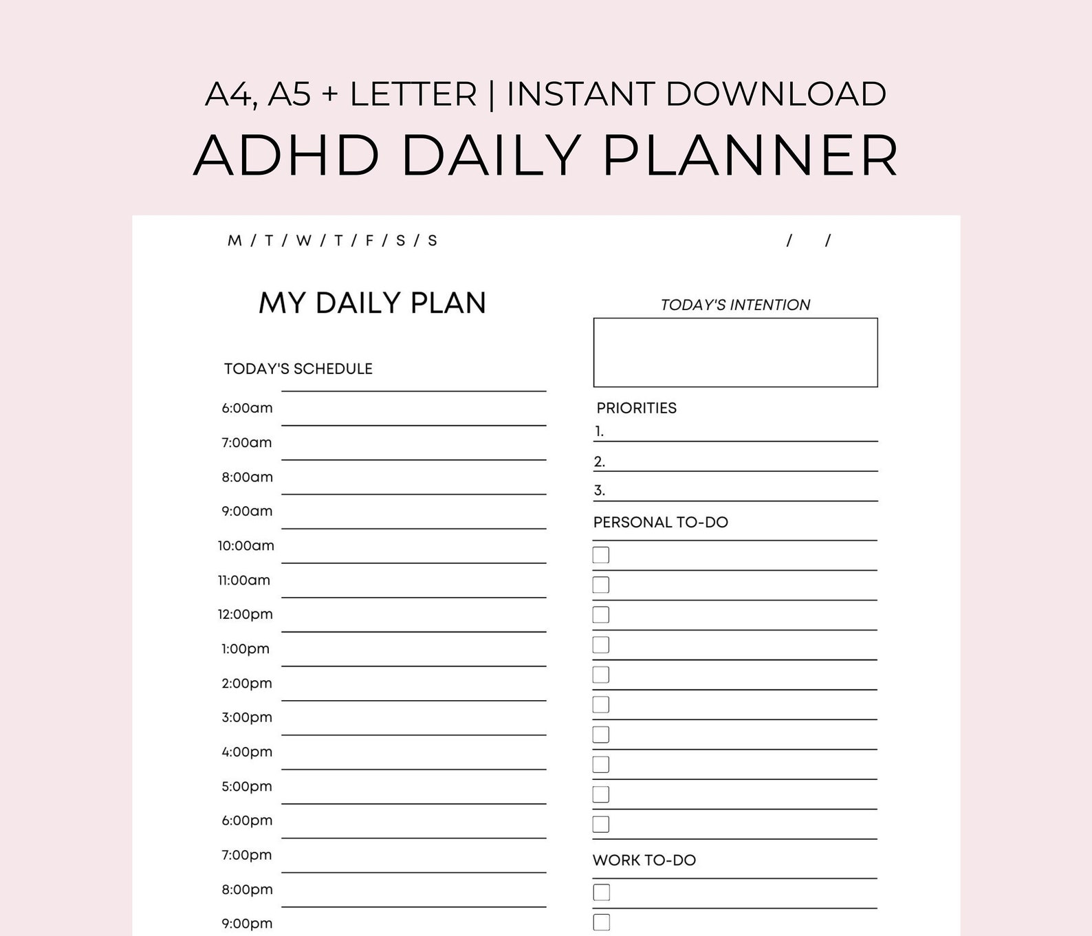 ADHD Daily Planner Printable to Do List, Minimal Planner, Military Time ...