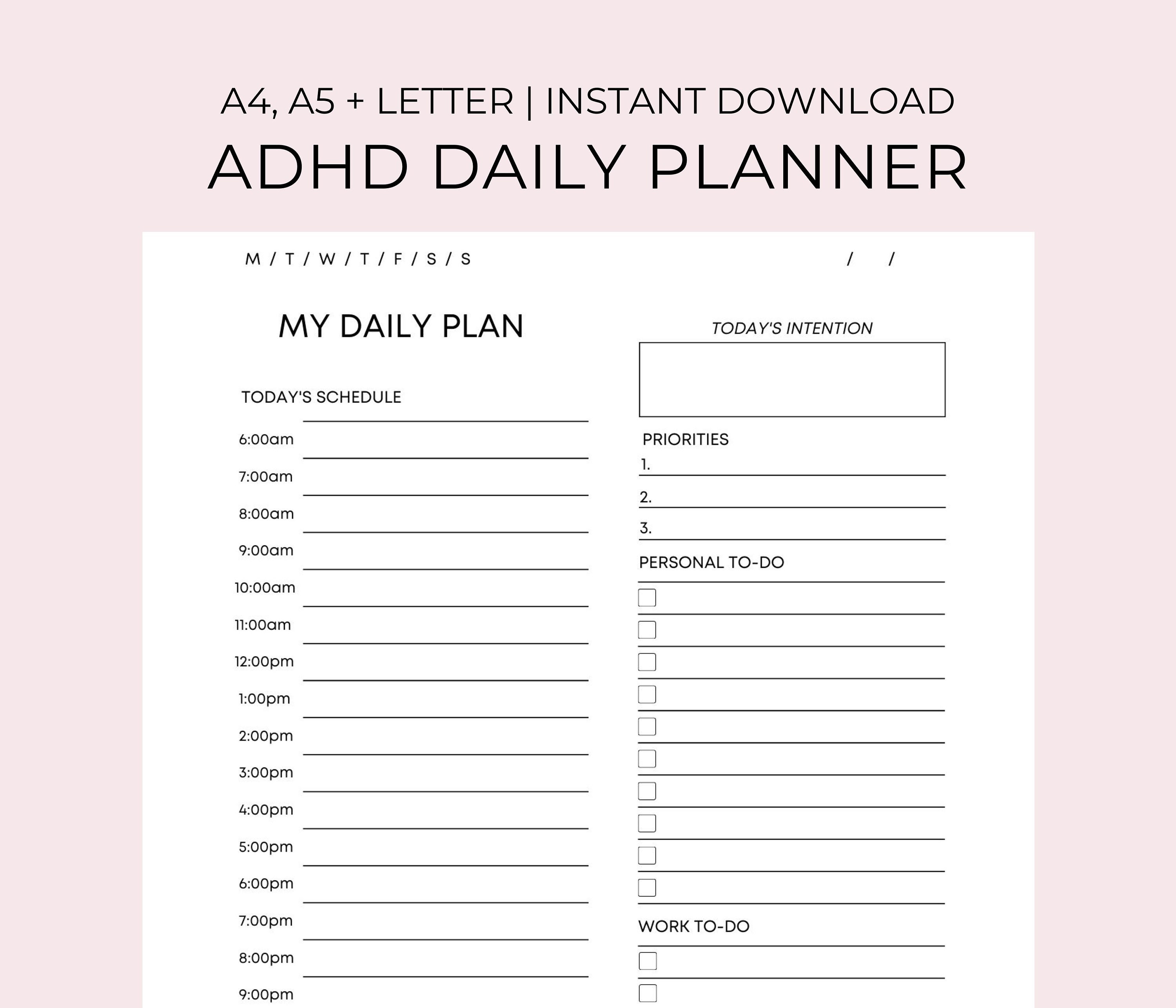ADHD Daily Planner Printable to Do List, Minimal Planner, Military Time ...