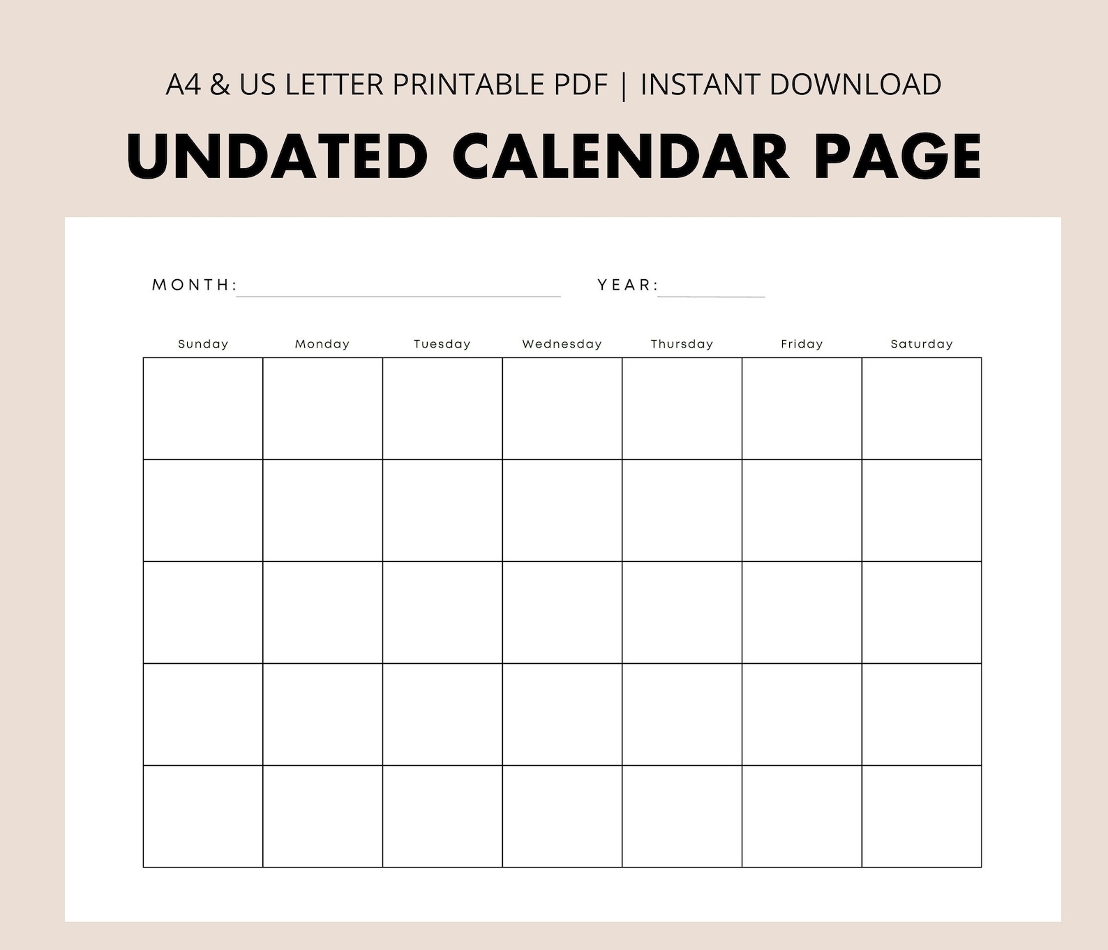 Undated Calendar Printable Monthly Planner Printable Monthly Blank ...