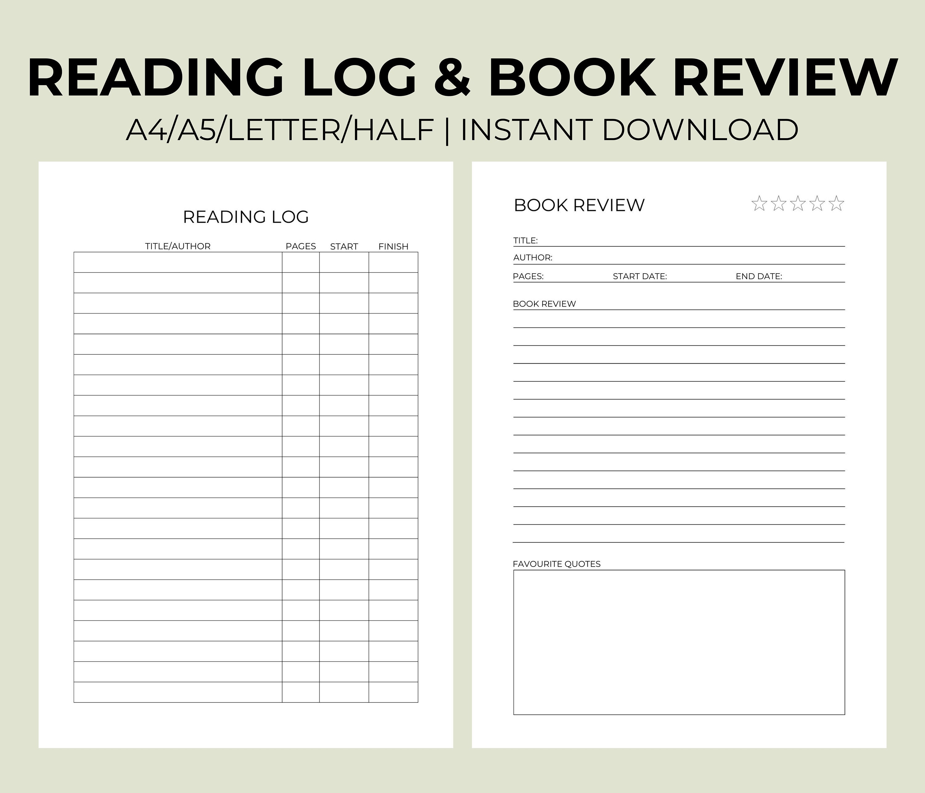 Reading Log Printable & Book Review, A4/a5/letter/half Printable PDF - Etsy