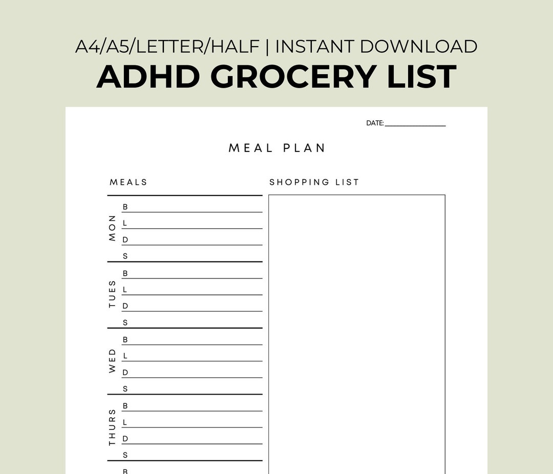 Grocery List Printable Meal Planner ADHD Planner A4 A5 Letter Half Size ...