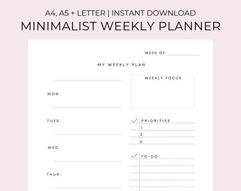 Weekly Planner Printable A5, A4, Letter, Half Size, Undated, Weekly ...