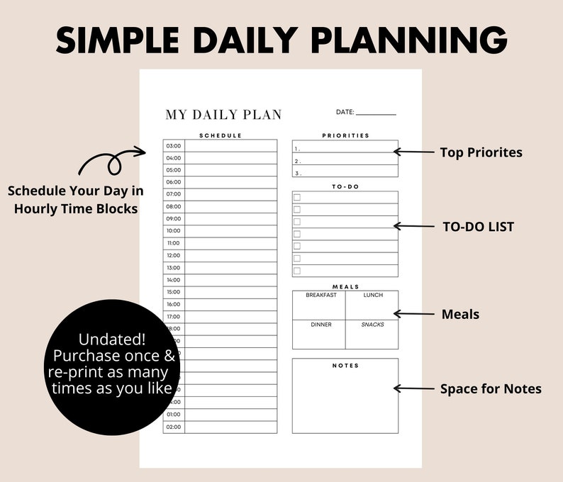 ADHD Daily Planner Printable, to Do List, Minimalist, Military Time ...