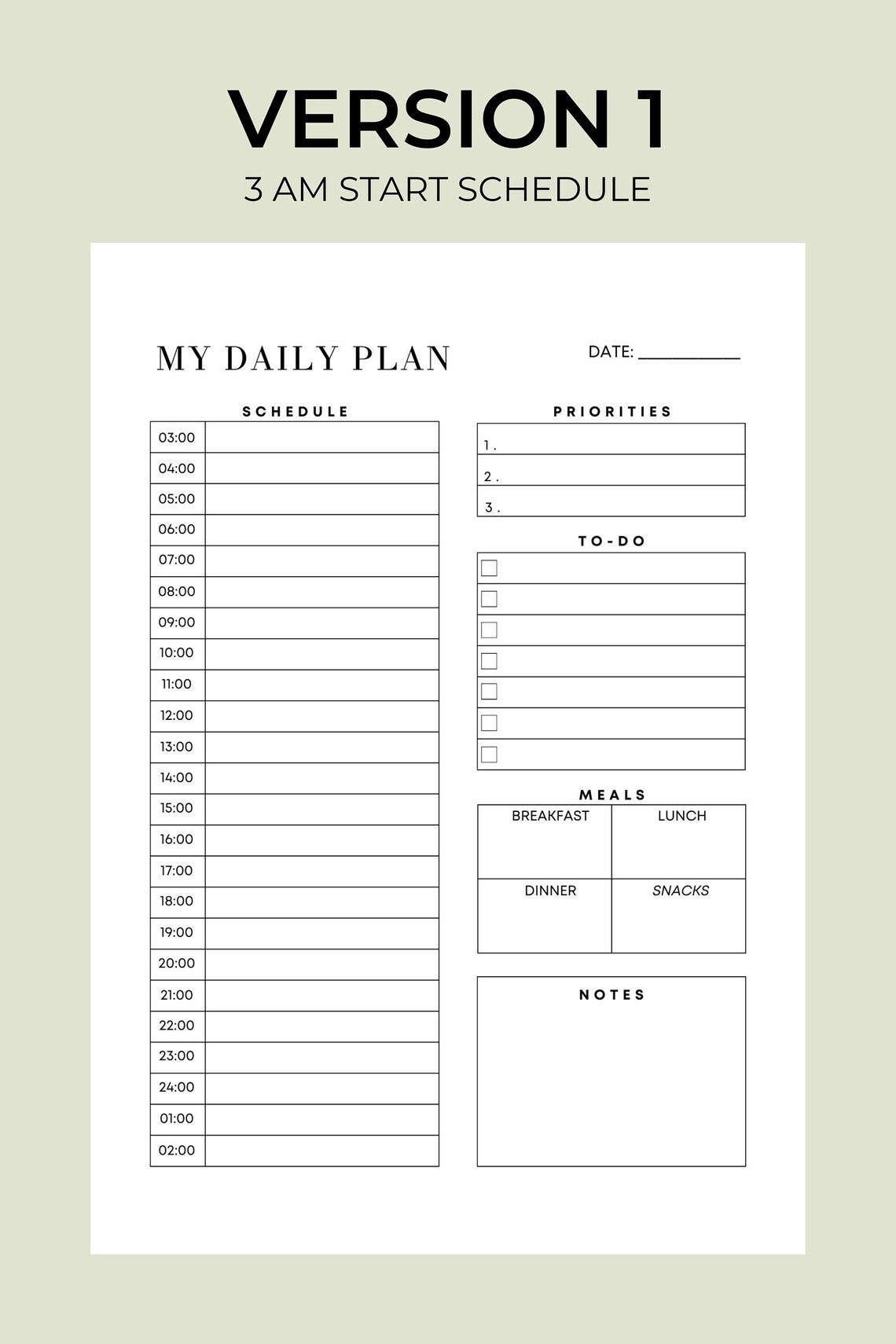 24 Hour Daily Planner Printable, Military Time Blocking Template, Work ...