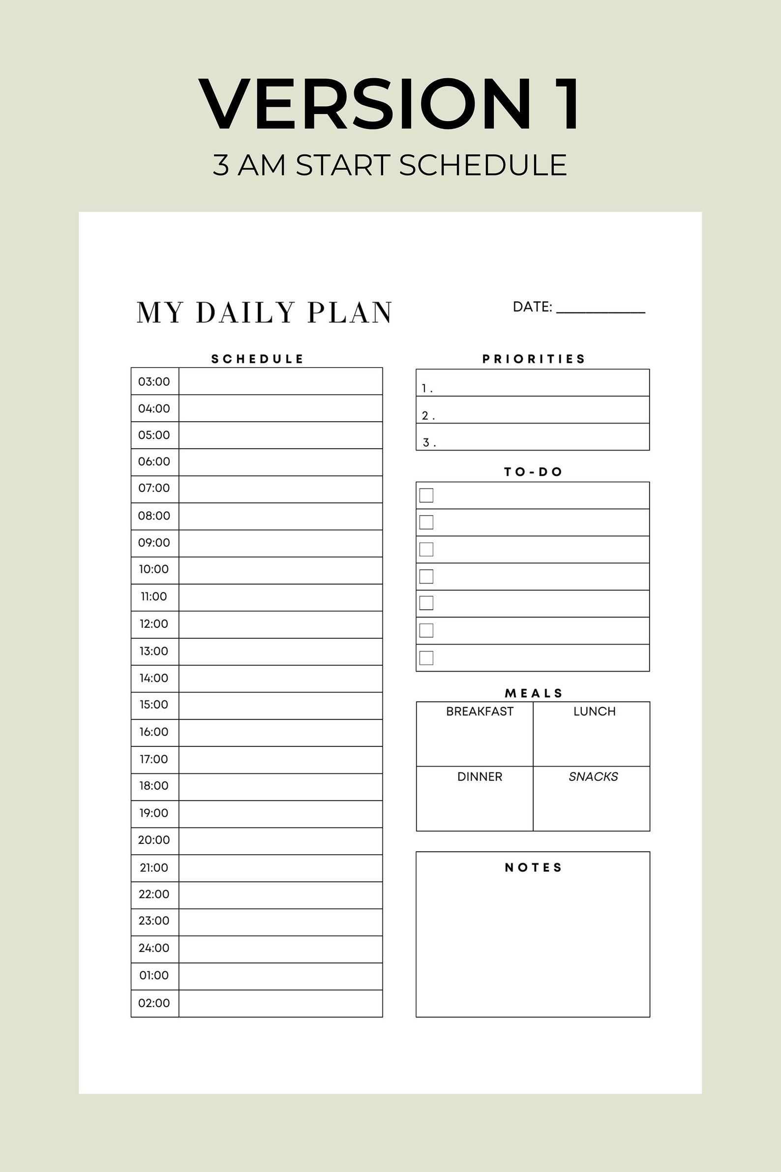 24 Hour Daily Planner Printable, Military Time Blocking Template, Work ...