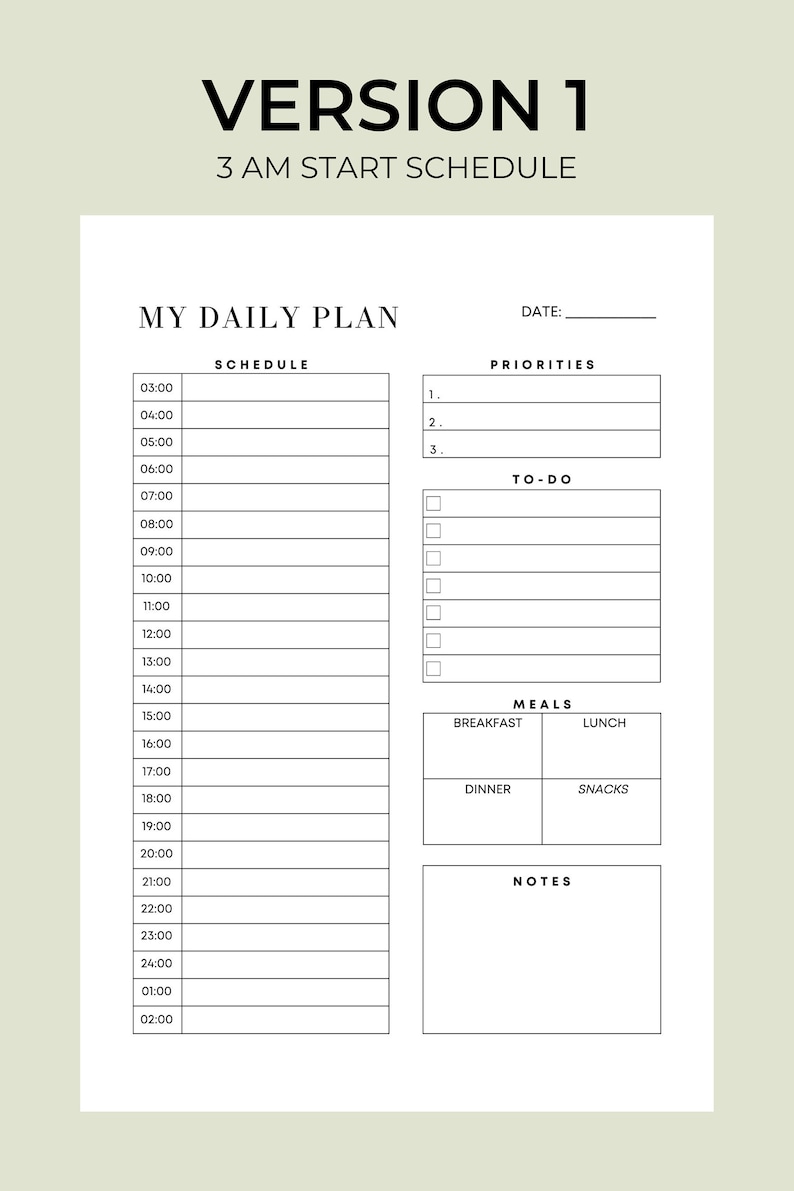 24 Hour Daily Planner Printable, Military Time Blocking Template, Work ...