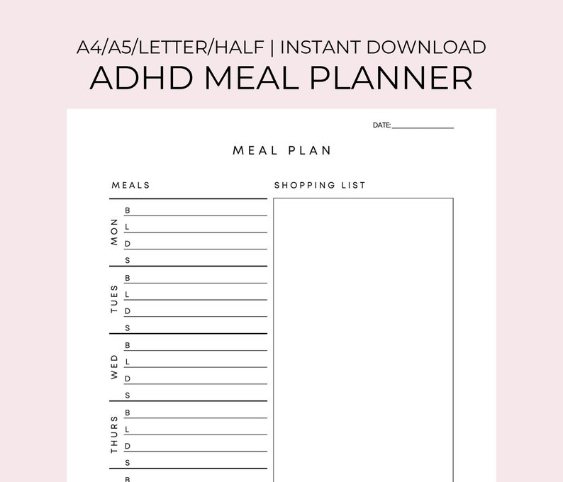 ADHD Meal Planner + Grocery List, A4/a5/letter/half - Etsy