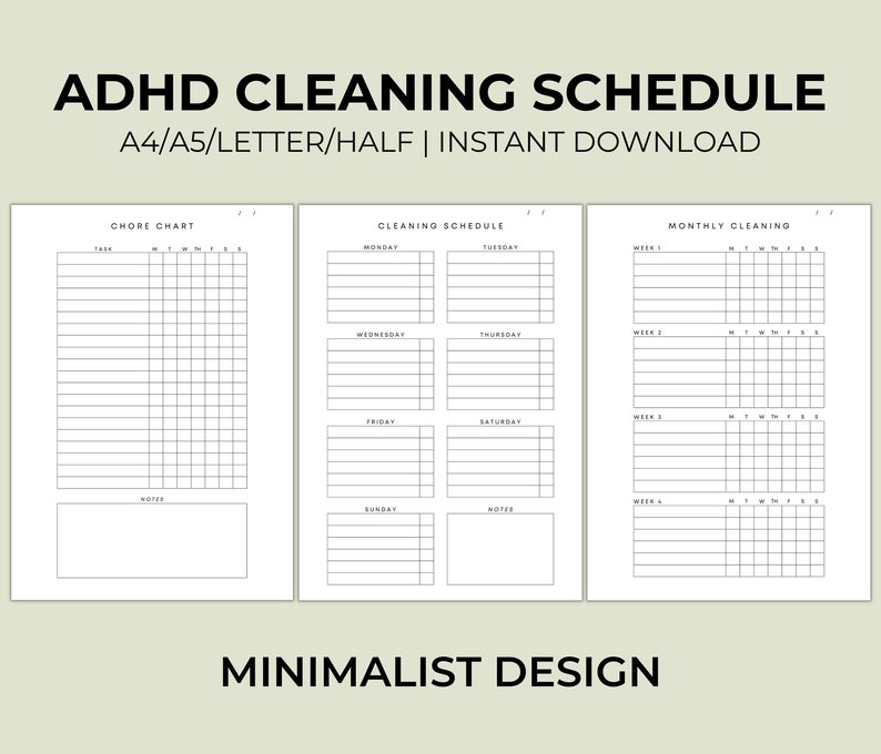 ADHD Cleaning Schedule, Adult Chore Chart, A4/a5/letter/half Printable ...