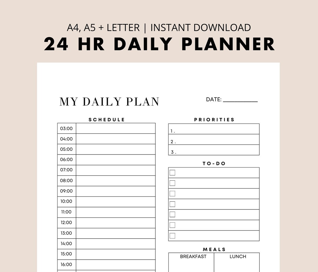 Minimalist Daily Planner Printable | 24 Hour Schedule | Daily to Do ...