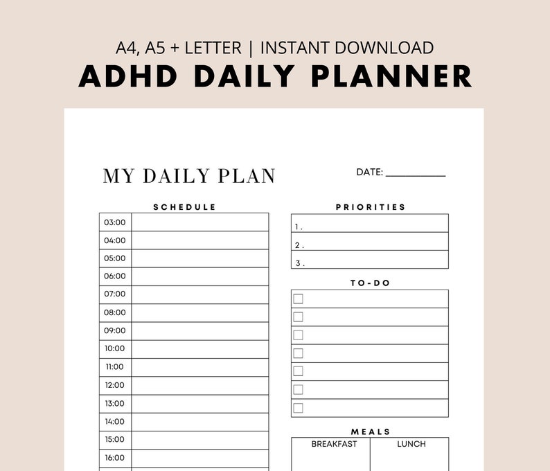 ADHD Daily Planner Printable, to Do List, Minimalist, Military Time ...
