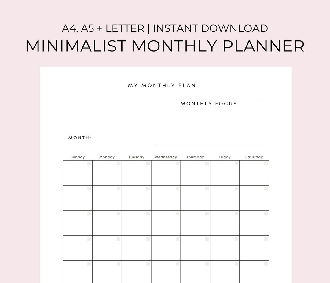 Monthly Planner Printable Minimalist Planner, A4/a5/letter/half ...