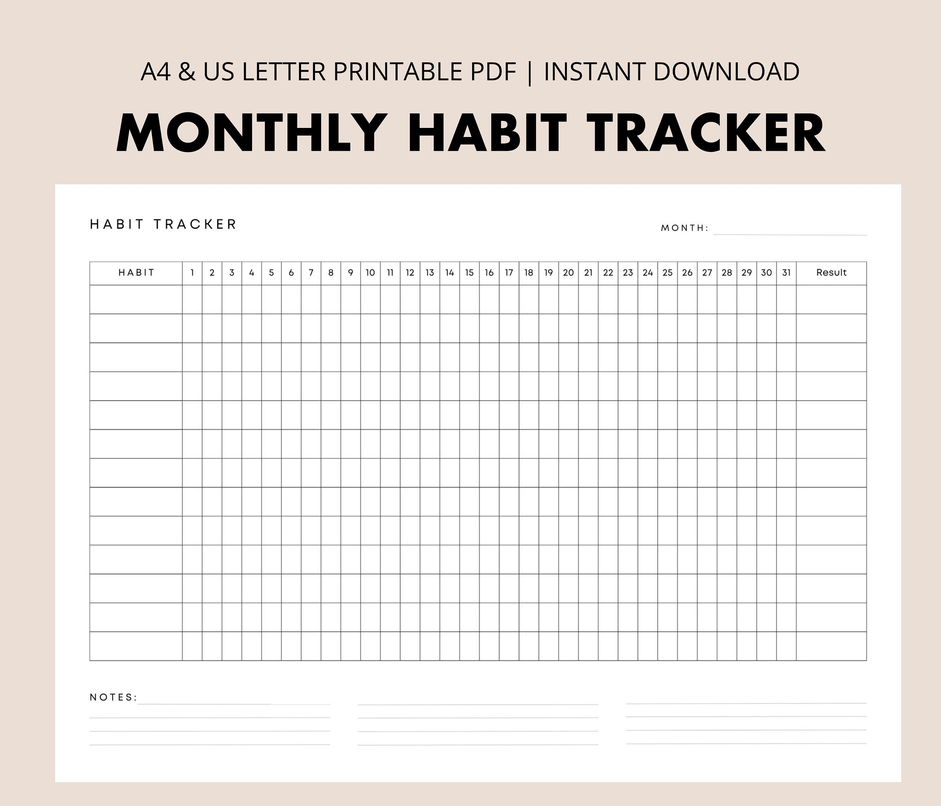 Habit Tracker Printable Monthly Habit Tracker Landscape Template, A4 ...