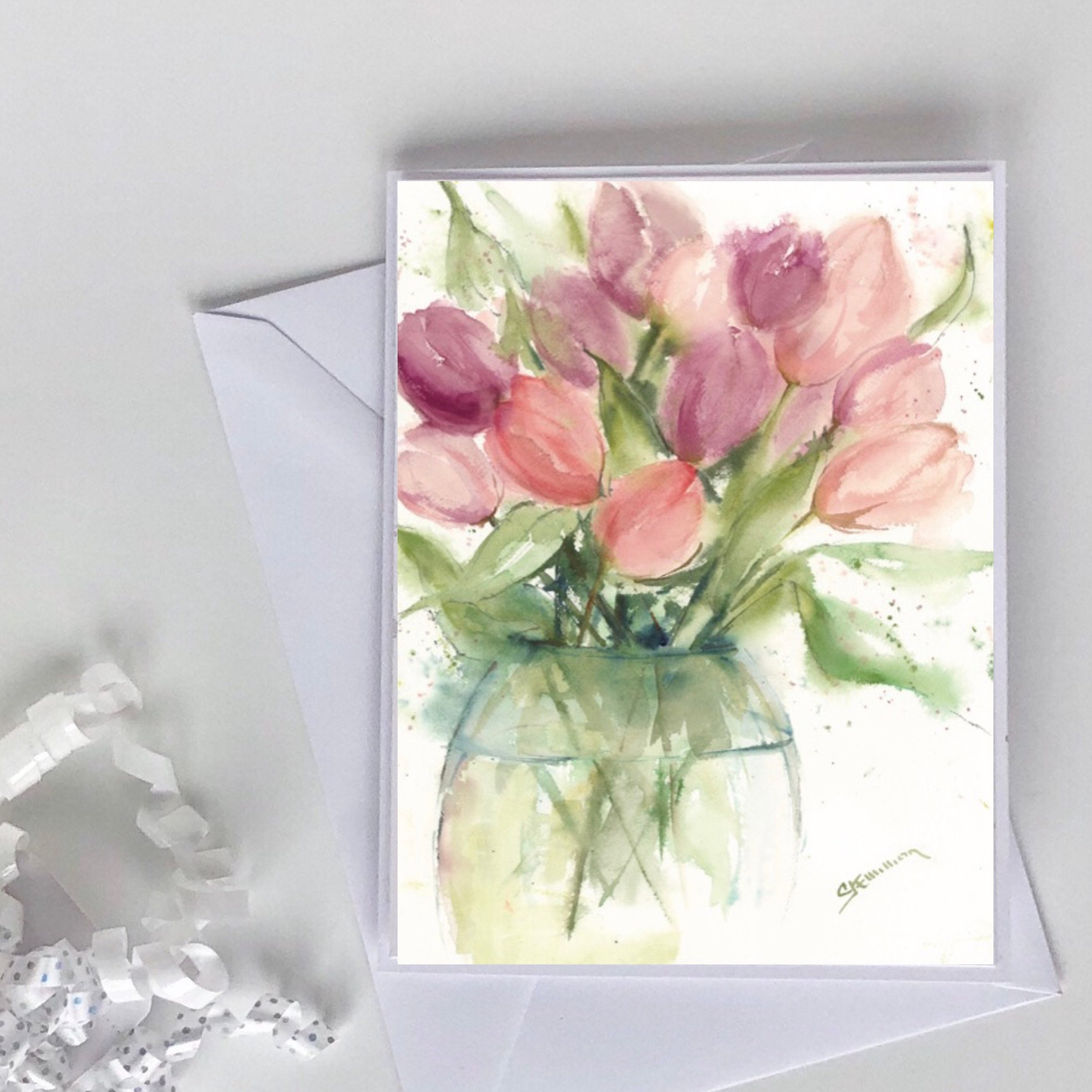 Blank Cards Paper Watercolor Flower Note Cards Vase Tulips Flower Note ...