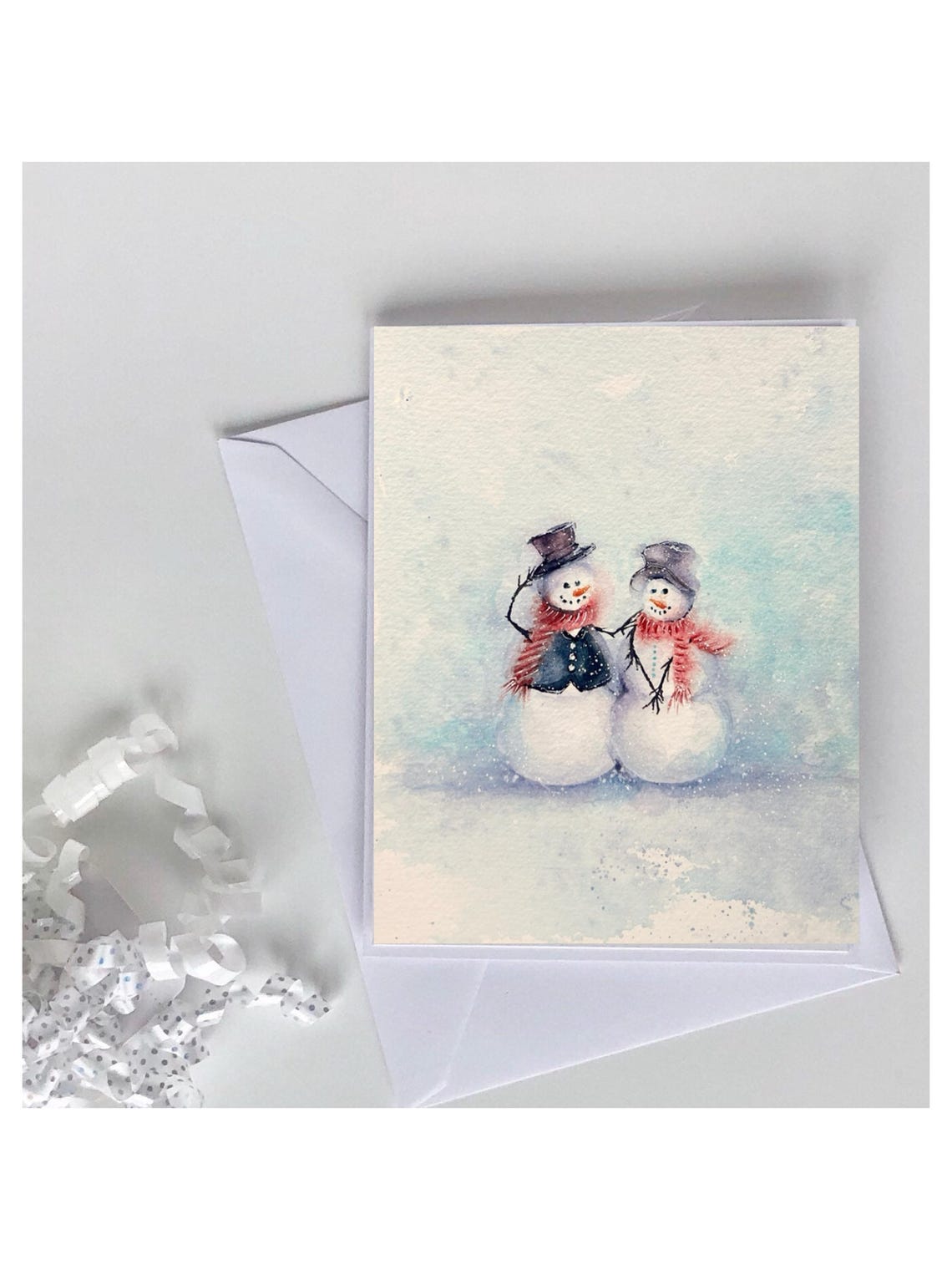 Snow Couple Christmas Card – Watercolor Holiday Card With Hand Glitter ...