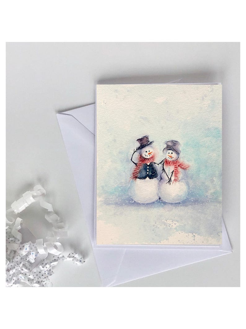 Snow Couple Christmas Card – Watercolor Holiday Card With Hand Glitter ...