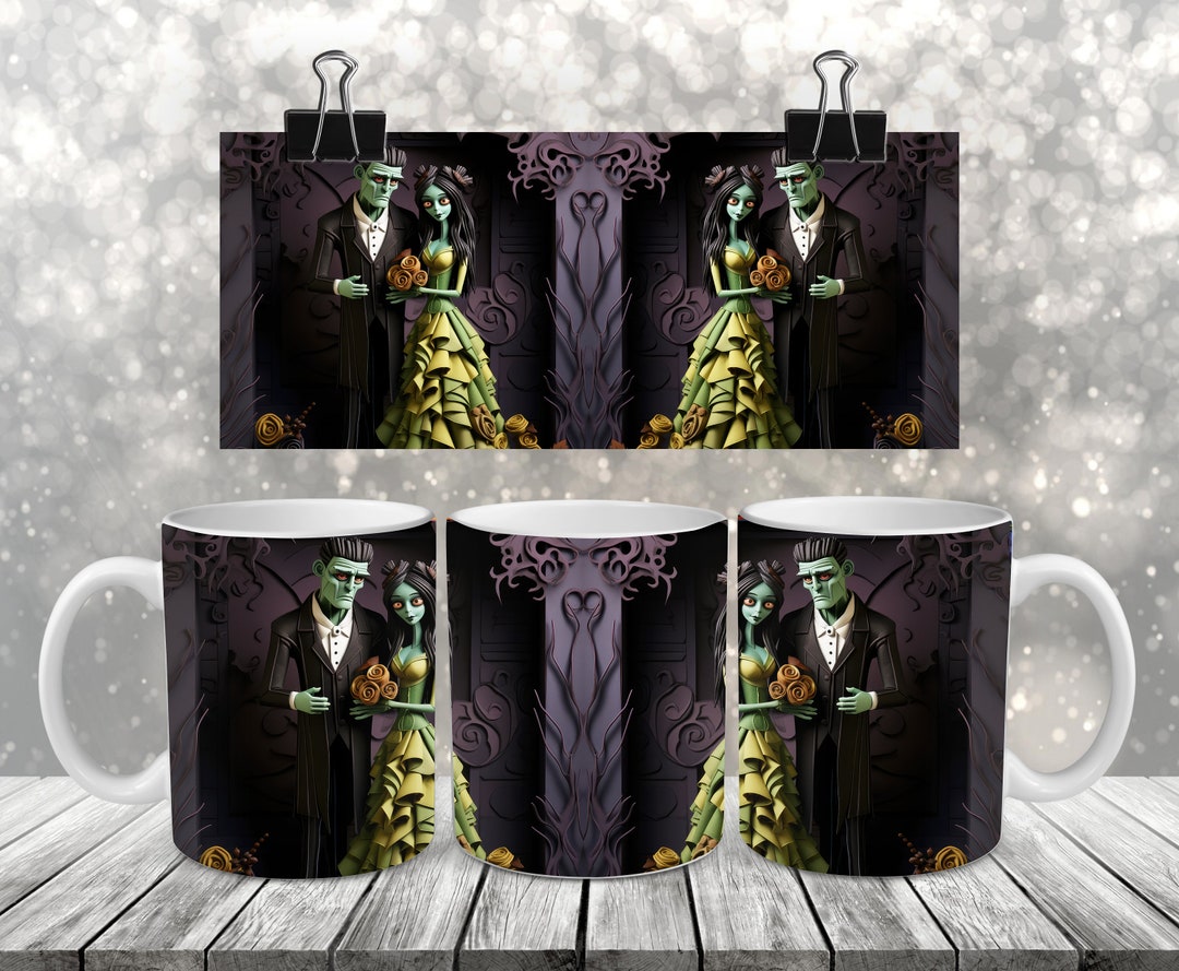 Frankenstein and Bride 3D Mug Wrap, Skull and Flowers Mug PNG, 3D Mug ...