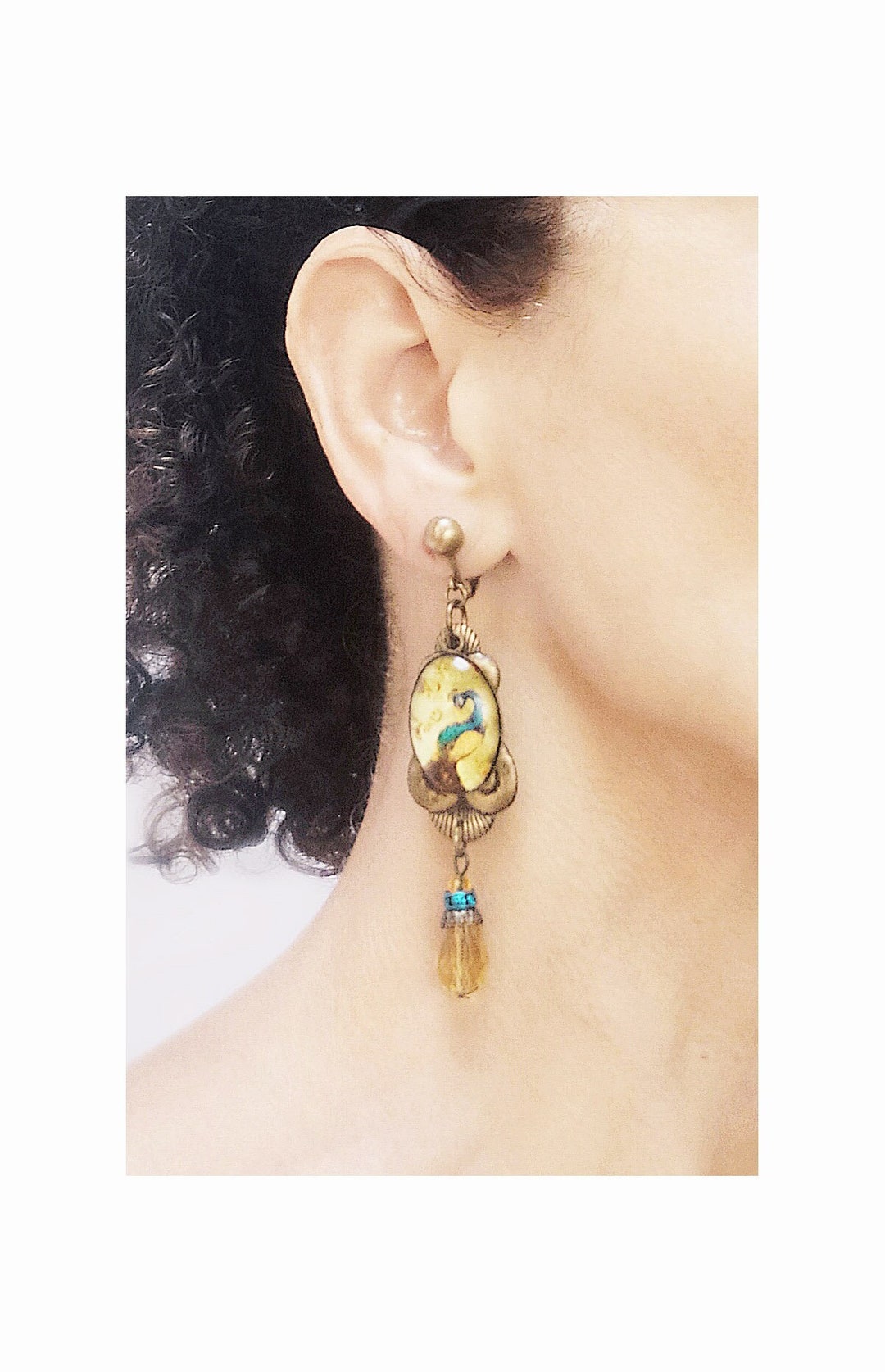 CLIPS on Earring Clip on Yellow, Blue, Brown & Bronze Stamp Peacock ...