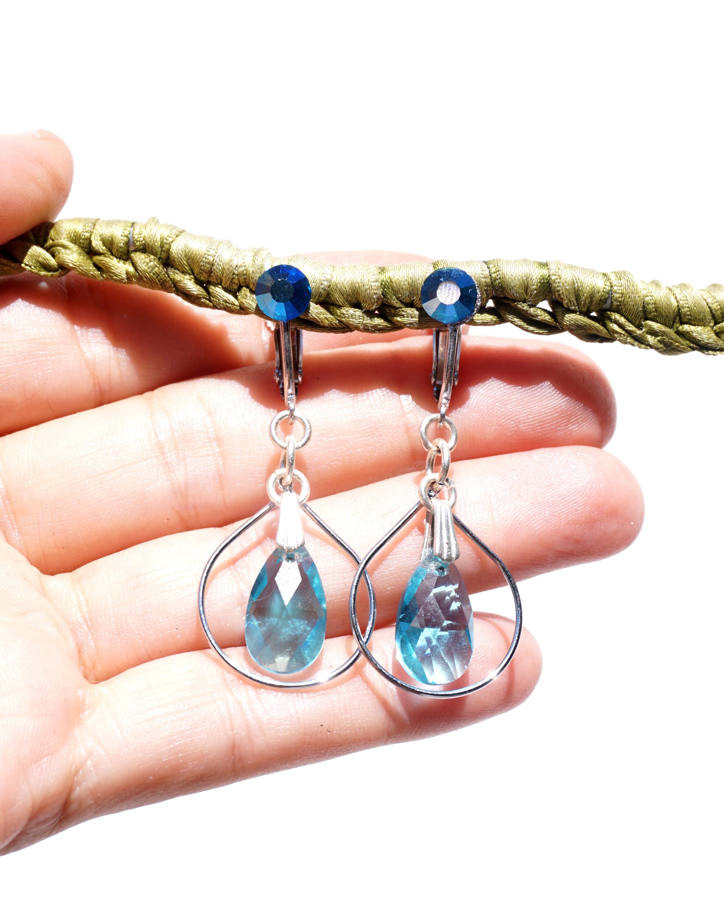 CLIP on earrings light Blue & Silver Long Clips on earrings | Etsy