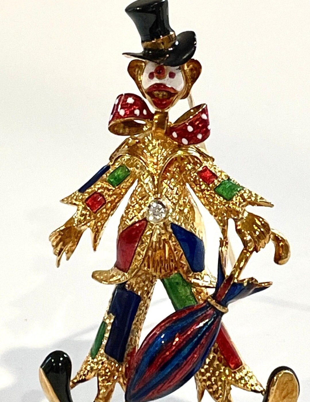 1950s Embossed 18K Gold Circus Clown Brooch: Diamond Button, Enamel ...