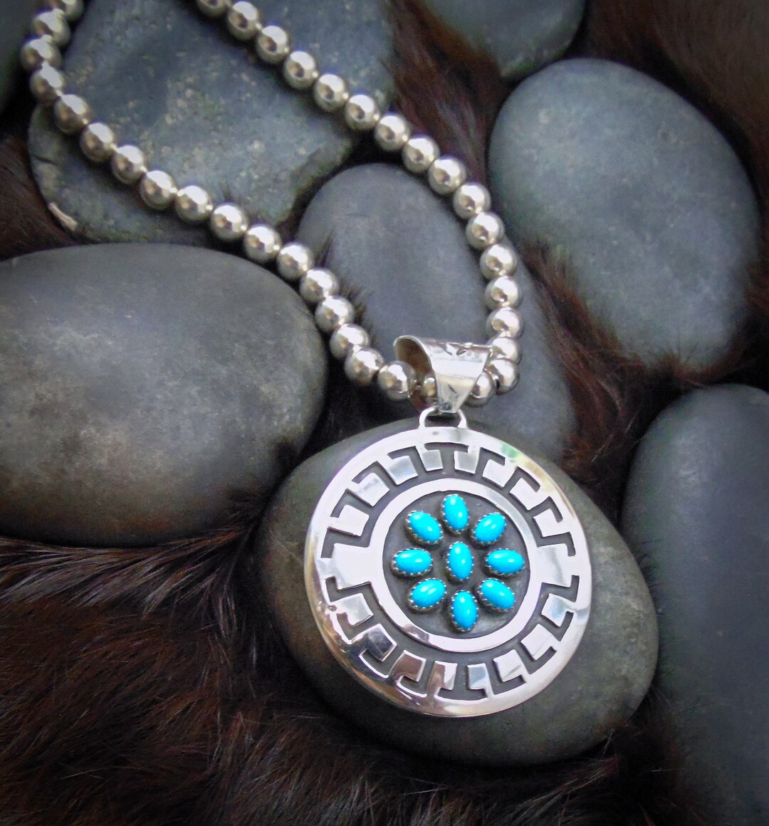 Native American Navajo Sterling Silver Turquoise Cluster Pendant and ...