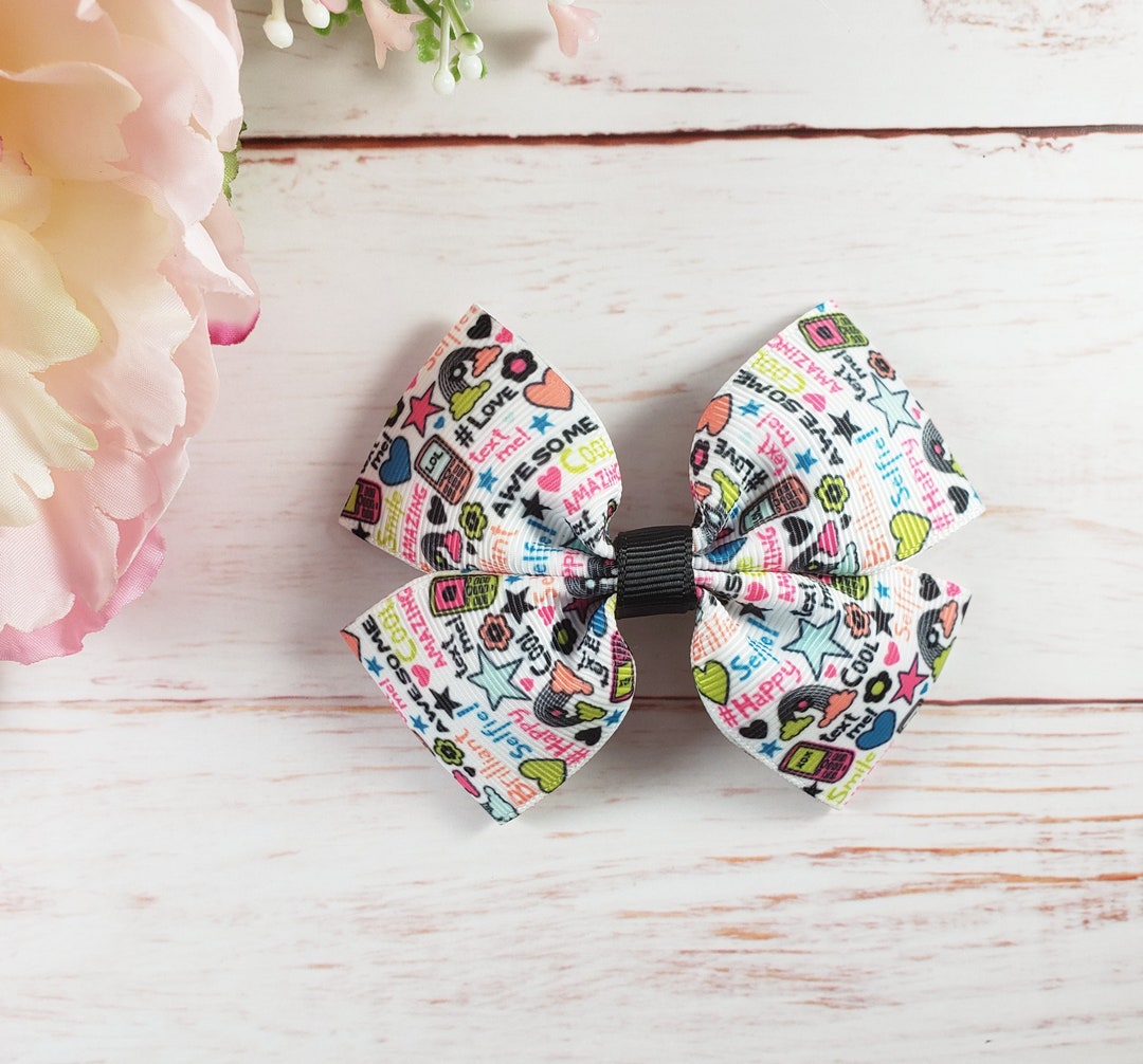 Tween Selffie Hair Bow, Cell Phone Pinwheel Design Hairclips, Girls and ...