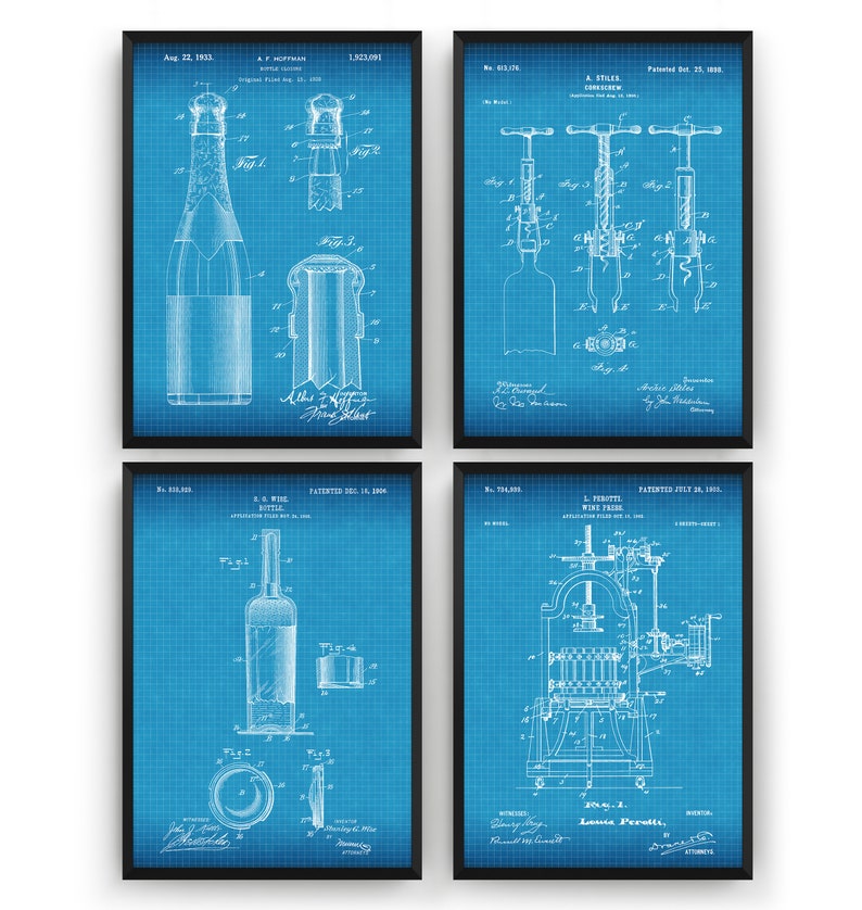 Wine And Champagne Set Of 4 Patent Prints Pub Restaurant Wall | Etsy