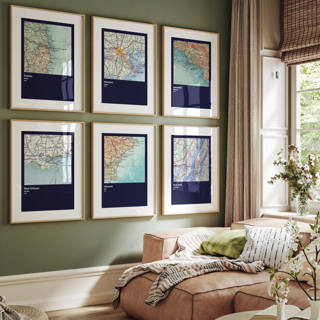 Custom City Map Set of 6 Prints, Custom Travel Decor Gift, Personalized ...