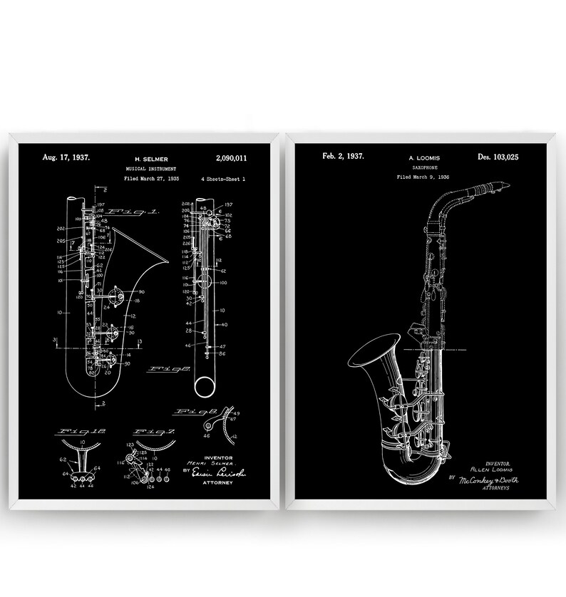 Saxophone Set of 2 Patent Prints Music Room Wall Art - Etsy
