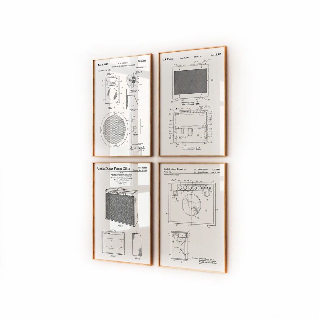 Guitar Amplifier Set of 4 Patent Prints, Guitarist Gifts, Music Room ...