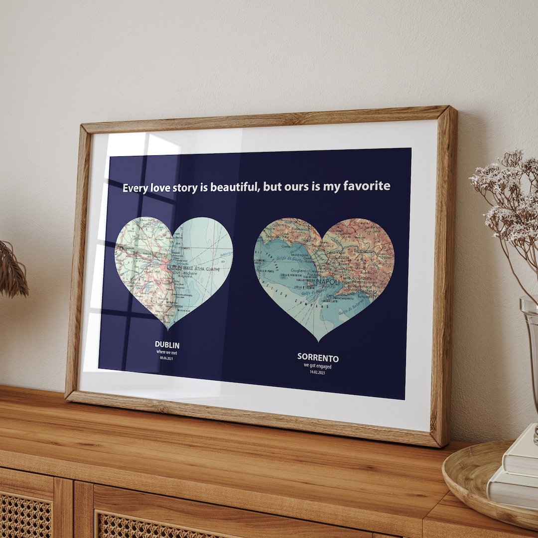 Personalised Heart Map Print, Custom Couples Gift, Customised Travel ...
