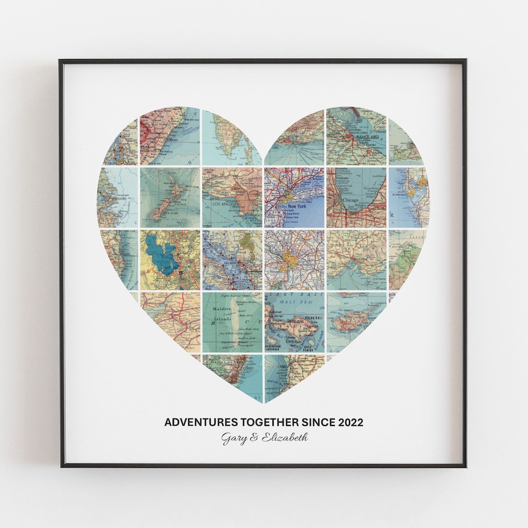 Personalised Travel Map Heart Print, Custom Travel Wall Art, Customised ...